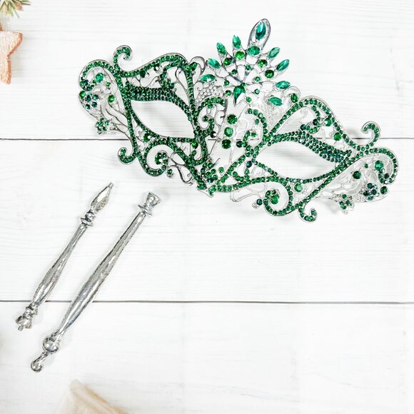 Handmade | Accessories | Green Crystal Masquerade Mask With Stick ...